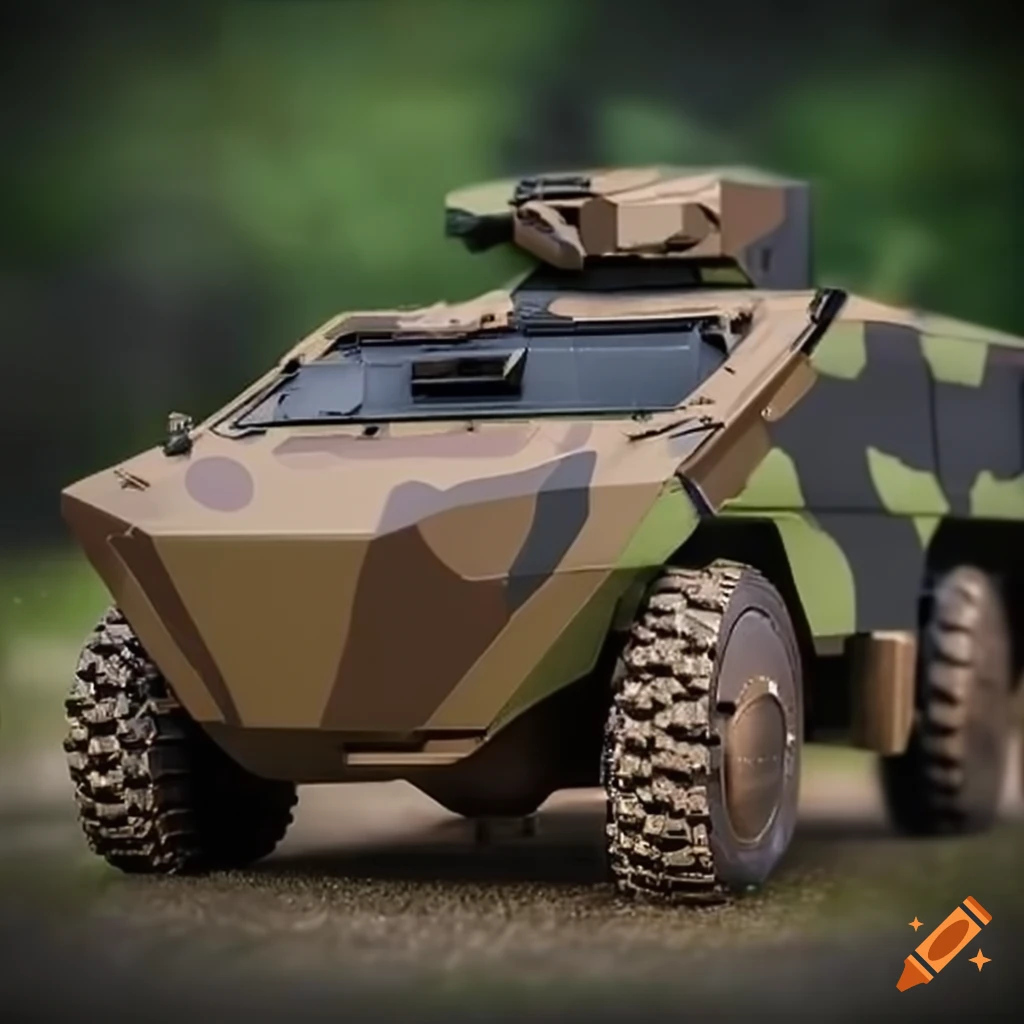 Brown, green and black camouflaged sci-fi army vehicle on Craiyon