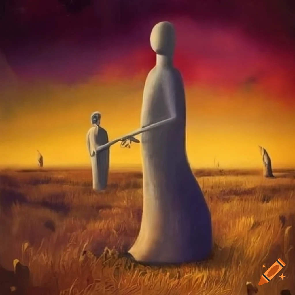 Surreal artwork with faceless figures in a house on a prairie on Craiyon