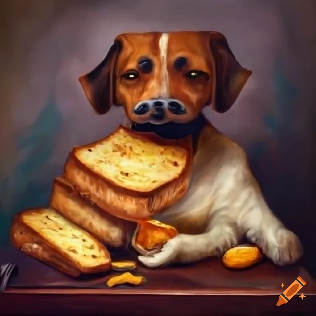 Surrealist painting of a dog with a grilled cheese on Craiyon