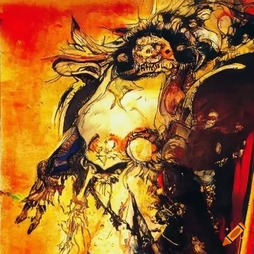 Illustration of a character named primarch by yoshitaka amano