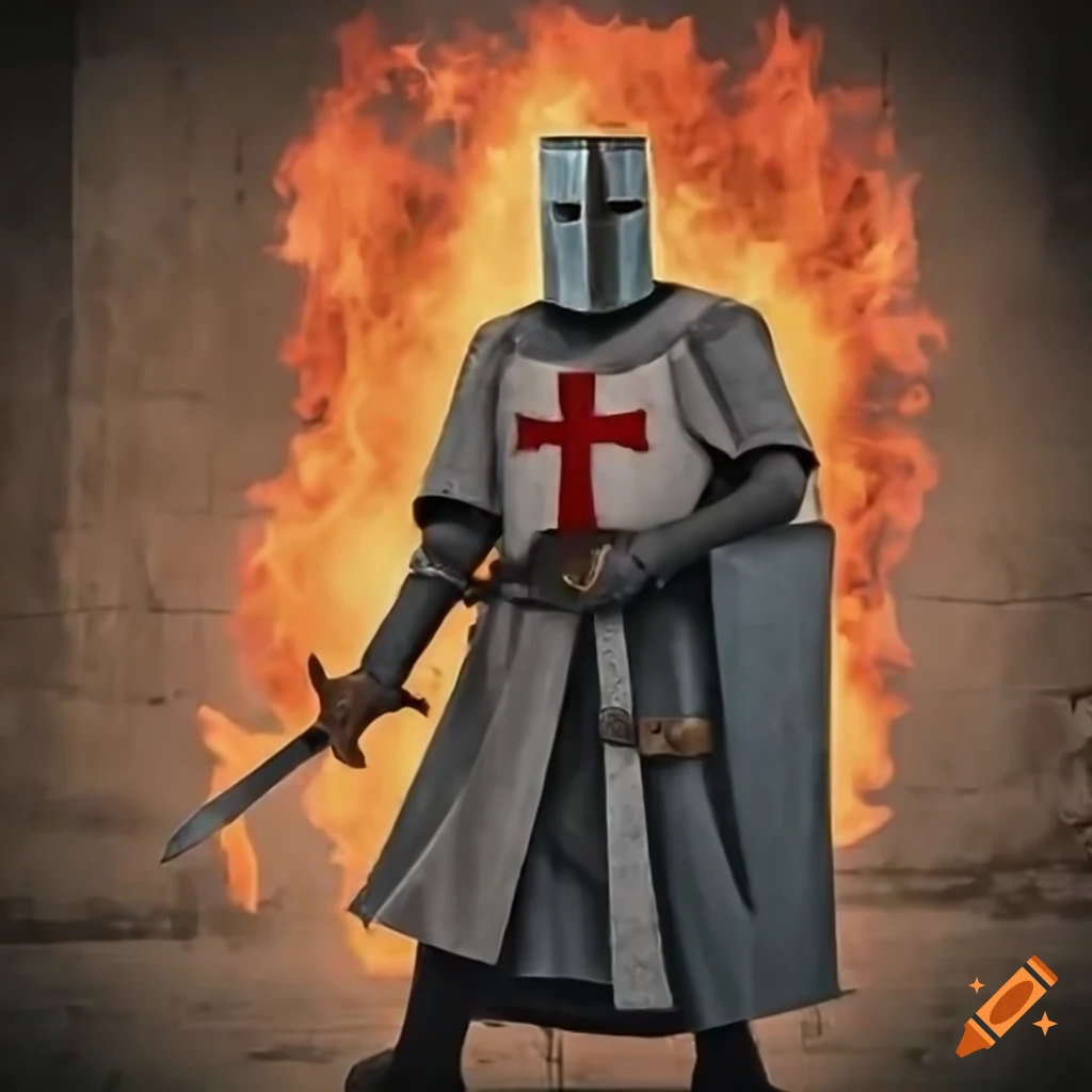 Image of a templar knight wielding a flaming white sword on Craiyon