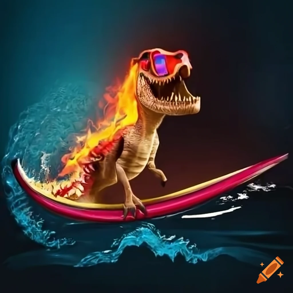 Tyrannosaurus Rex surfing waves of fire with sunglasses on Craiyon