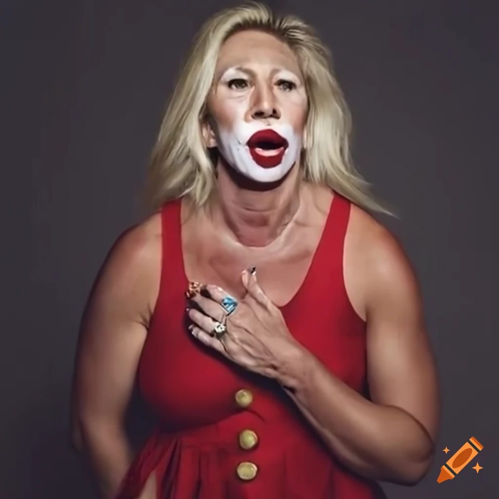 Satirical image of marjorie taylor greene as a clown