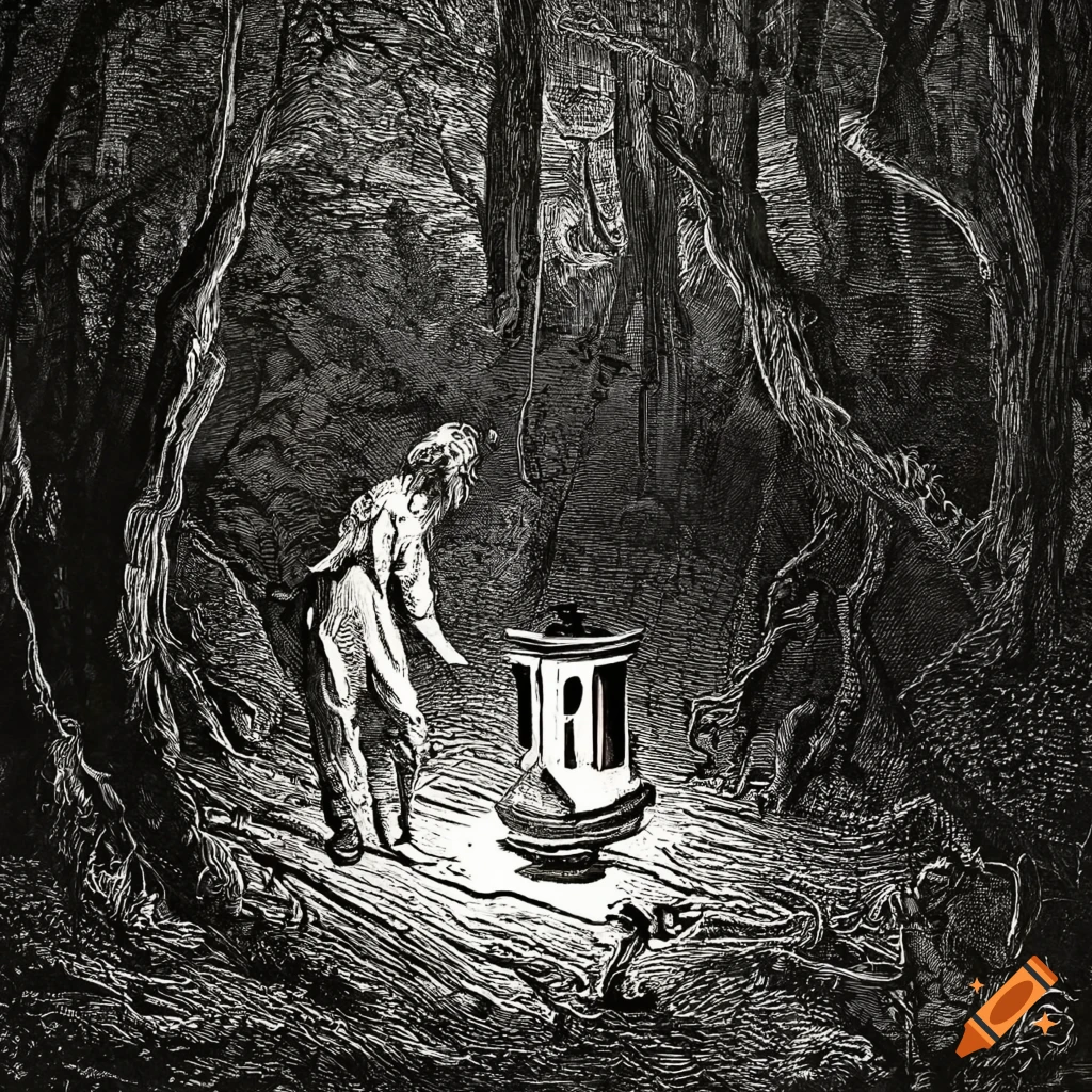 Gustave doré-style engraving of a man meeting a mysterious creature in ...