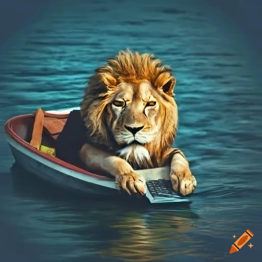 Creative illustration of person with lion head at computer desk in a ...