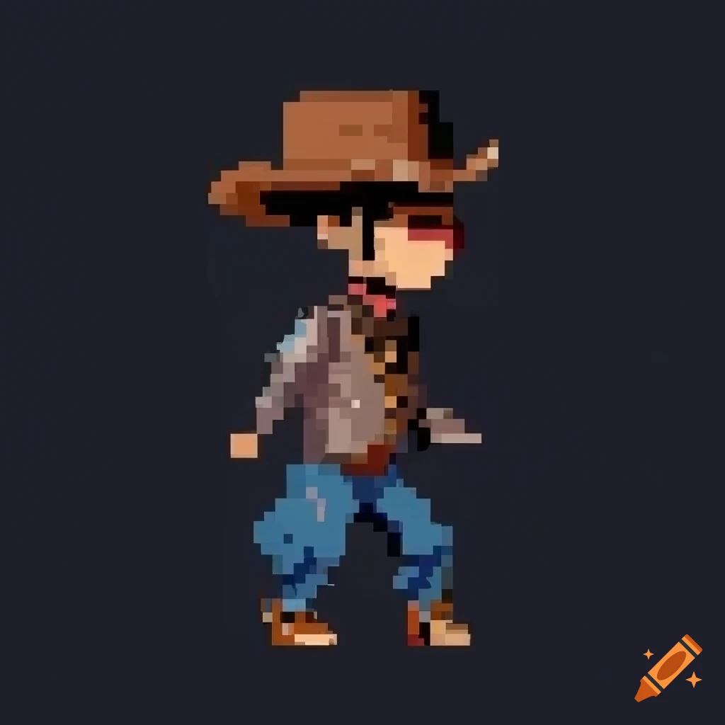 Pixelart depiction of a walking cowboy in black on Craiyon