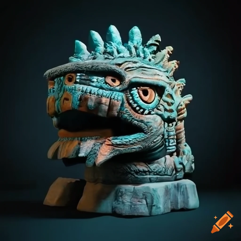 Godzilla depicted as an Aztec Tlaloc carving on Craiyon