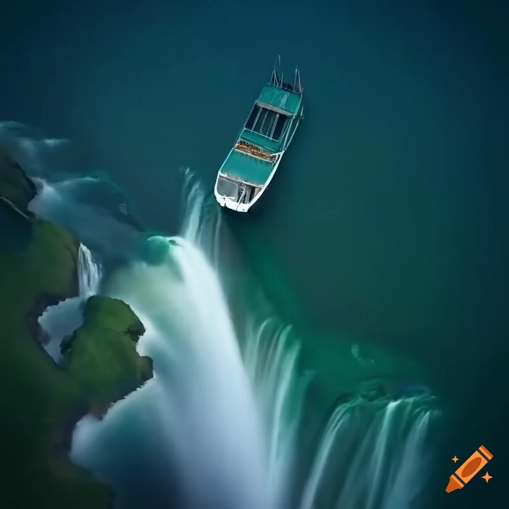 Bird's eye view of a cruise ship near a waterfall on Craiyon