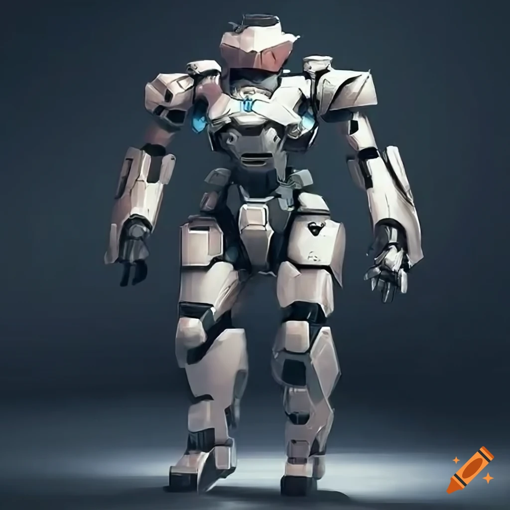 Sleek and powerful mech suit with an athletic lead character, technical ...