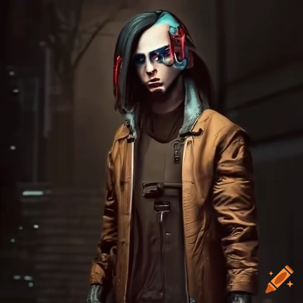 Cyberpunk man with robotic eye walking in the street