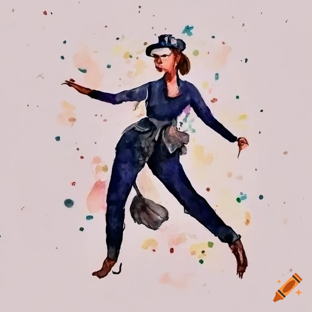 Watercolor of a lady dancing with a police cap on Craiyon