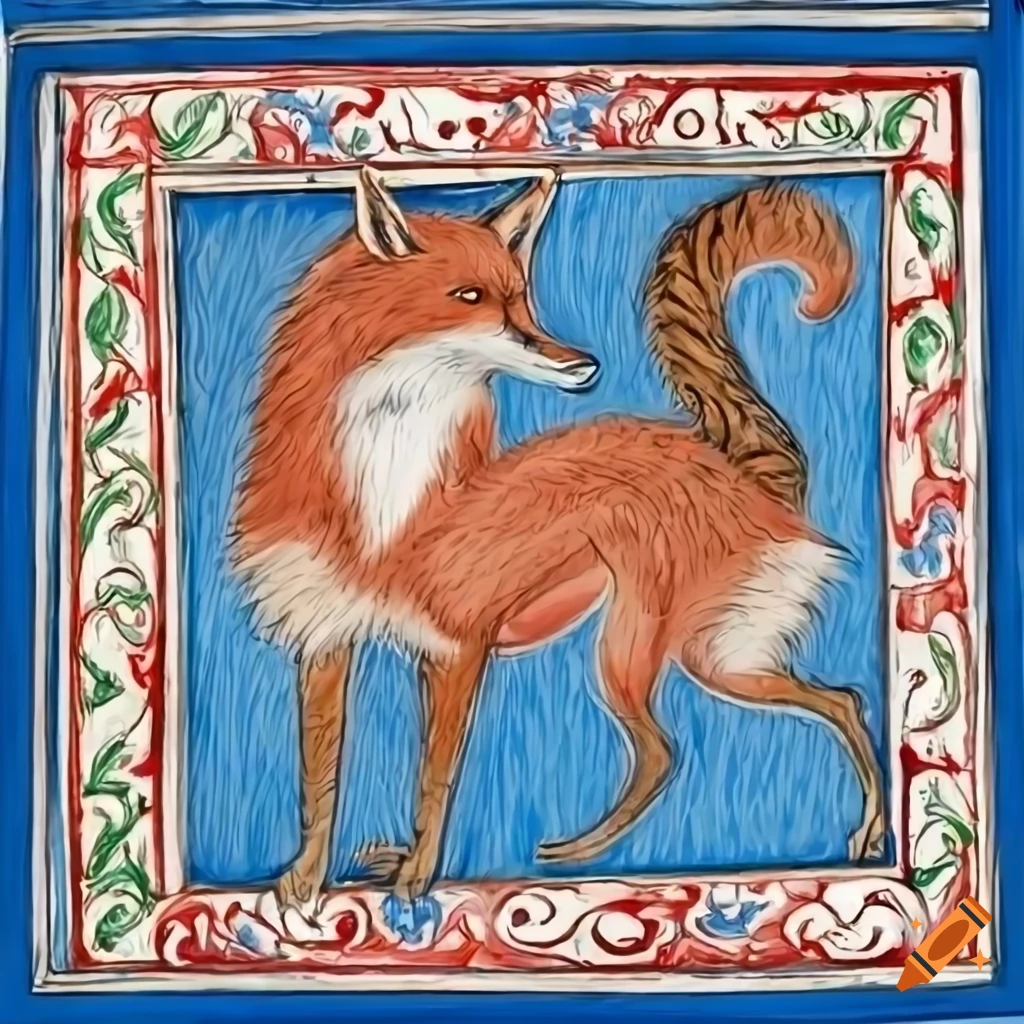 Medieval drawing of a fox on a blue background