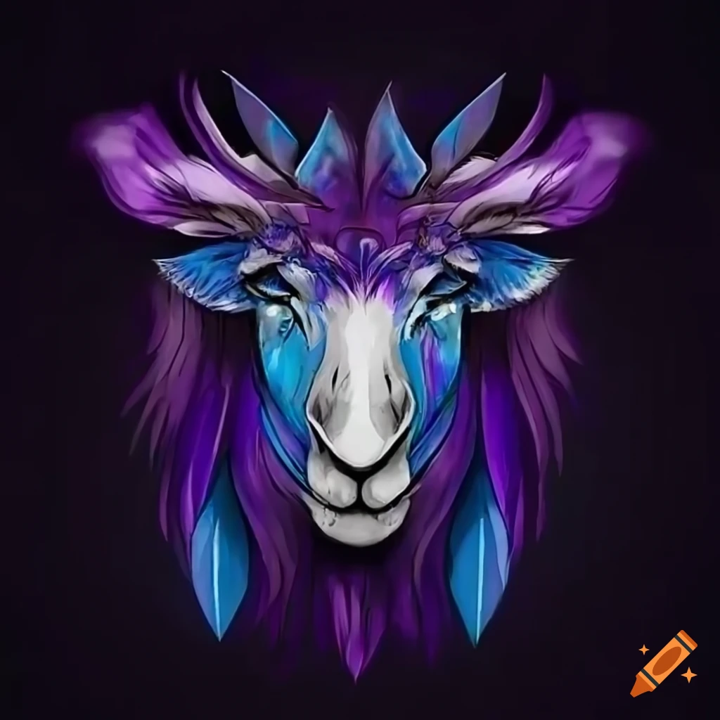 Fantasy sheep with purple and blue feathers and antlers