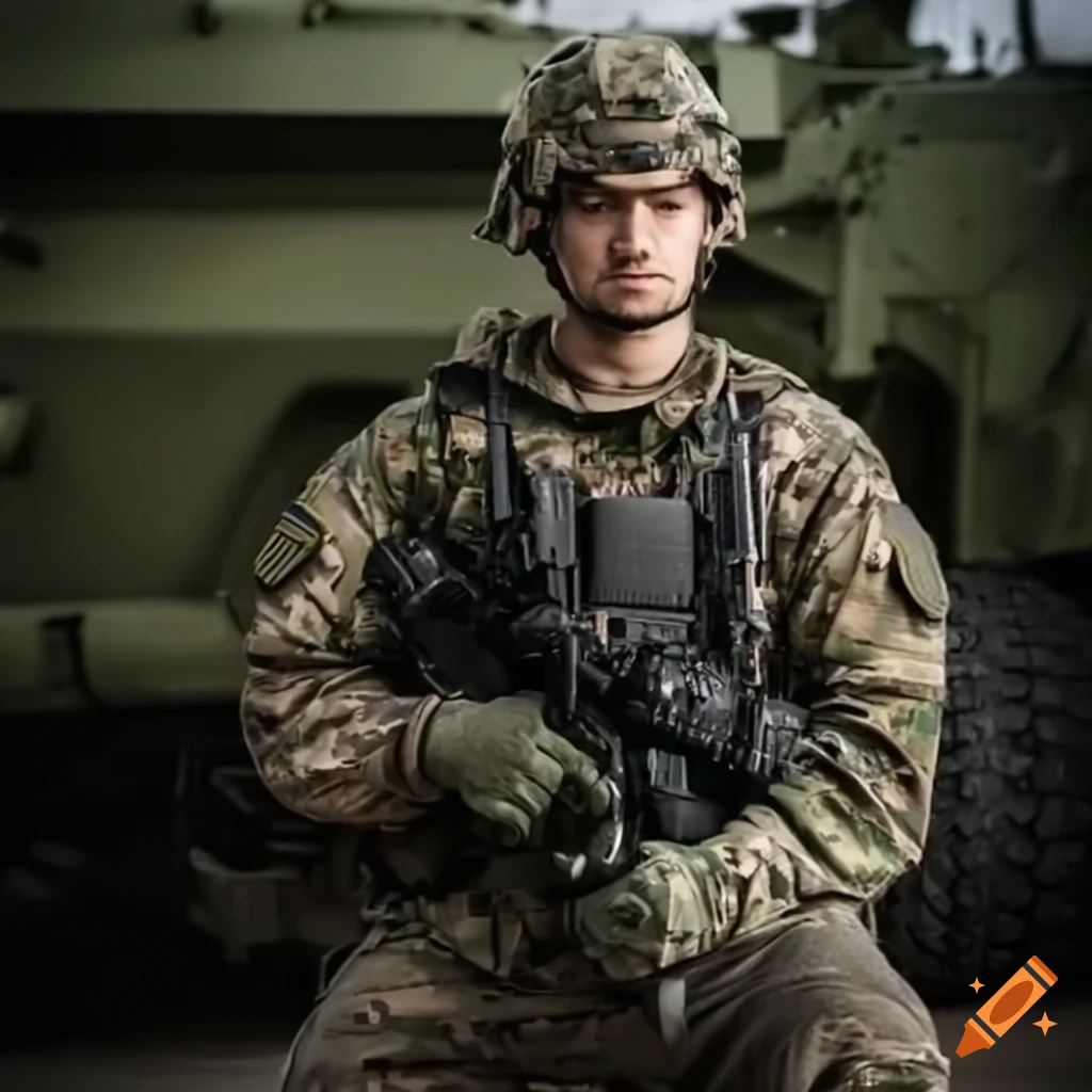 Soldier facing forward on a blue background on Craiyon