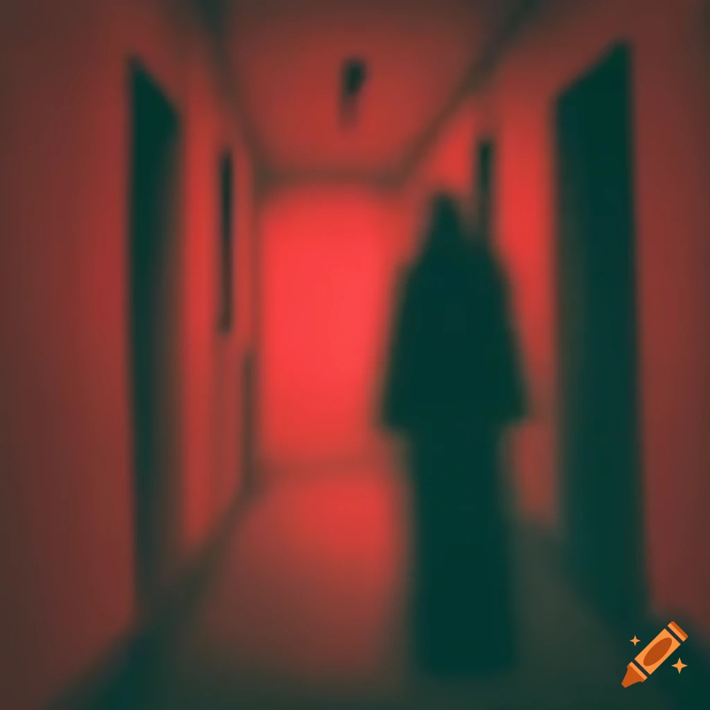 Eerie image of a shadowy figure in a red-tinted hallway on Craiyon