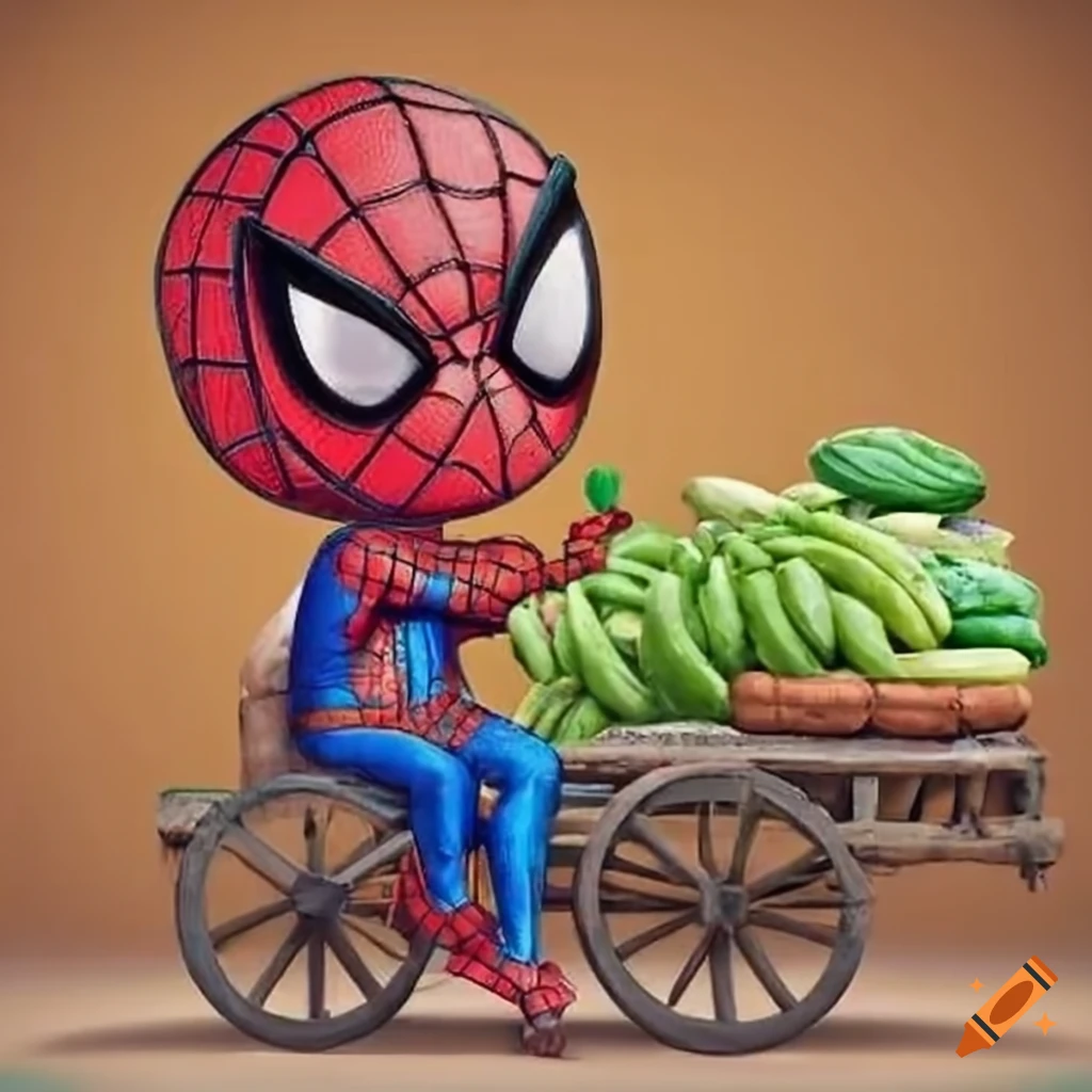 Cart of a vegetable seller dressed as spiderman on Craiyon