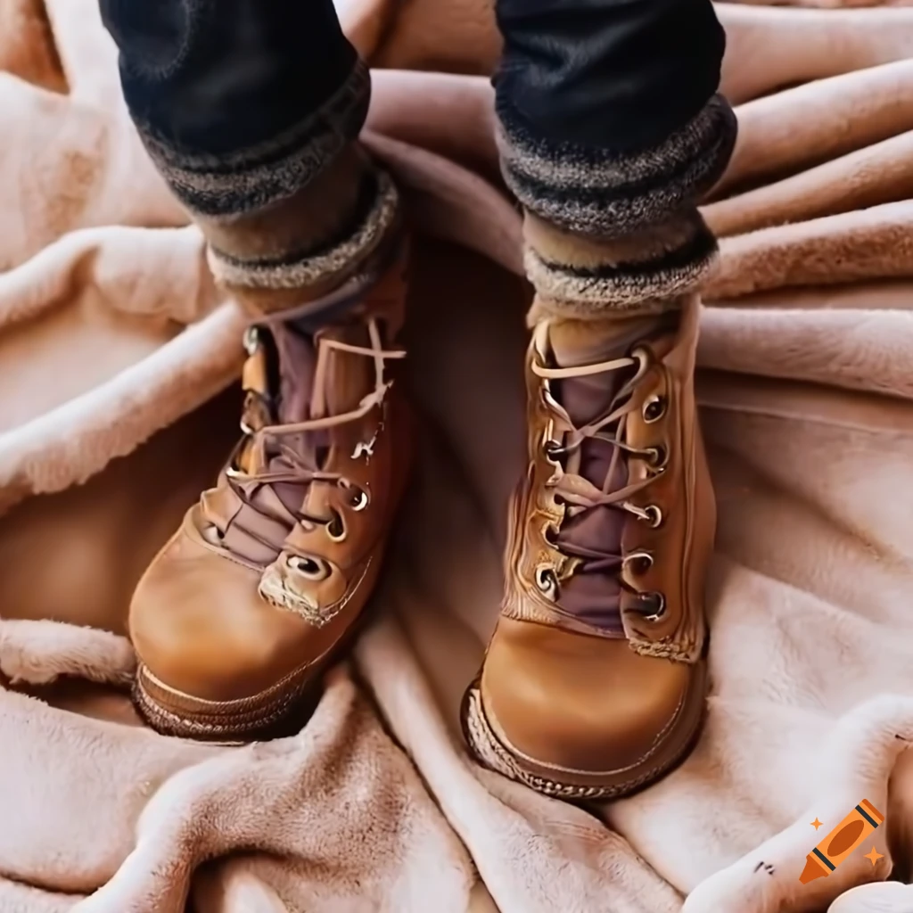 Close-up of feet in winter boots sinking into a soft blanket on Craiyon