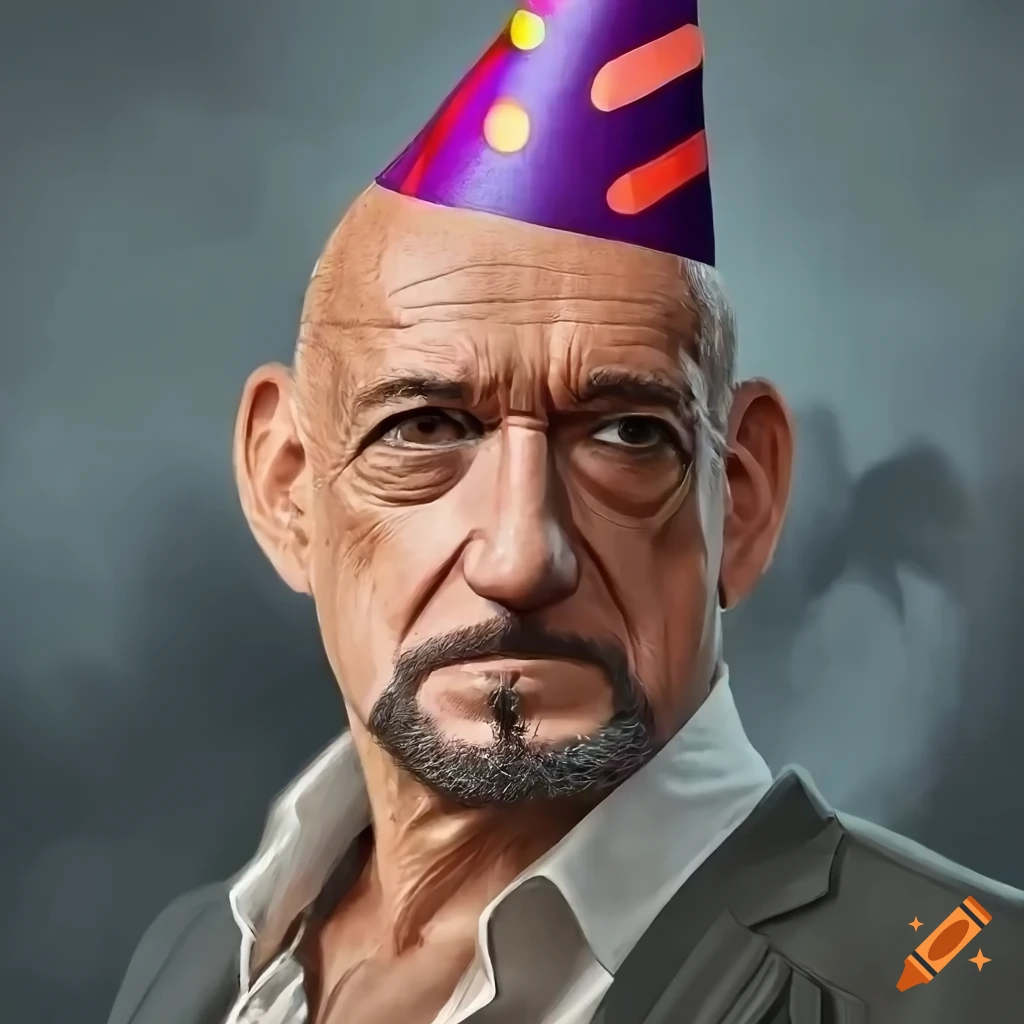 Detailed portrait of ben kingsley with party hat