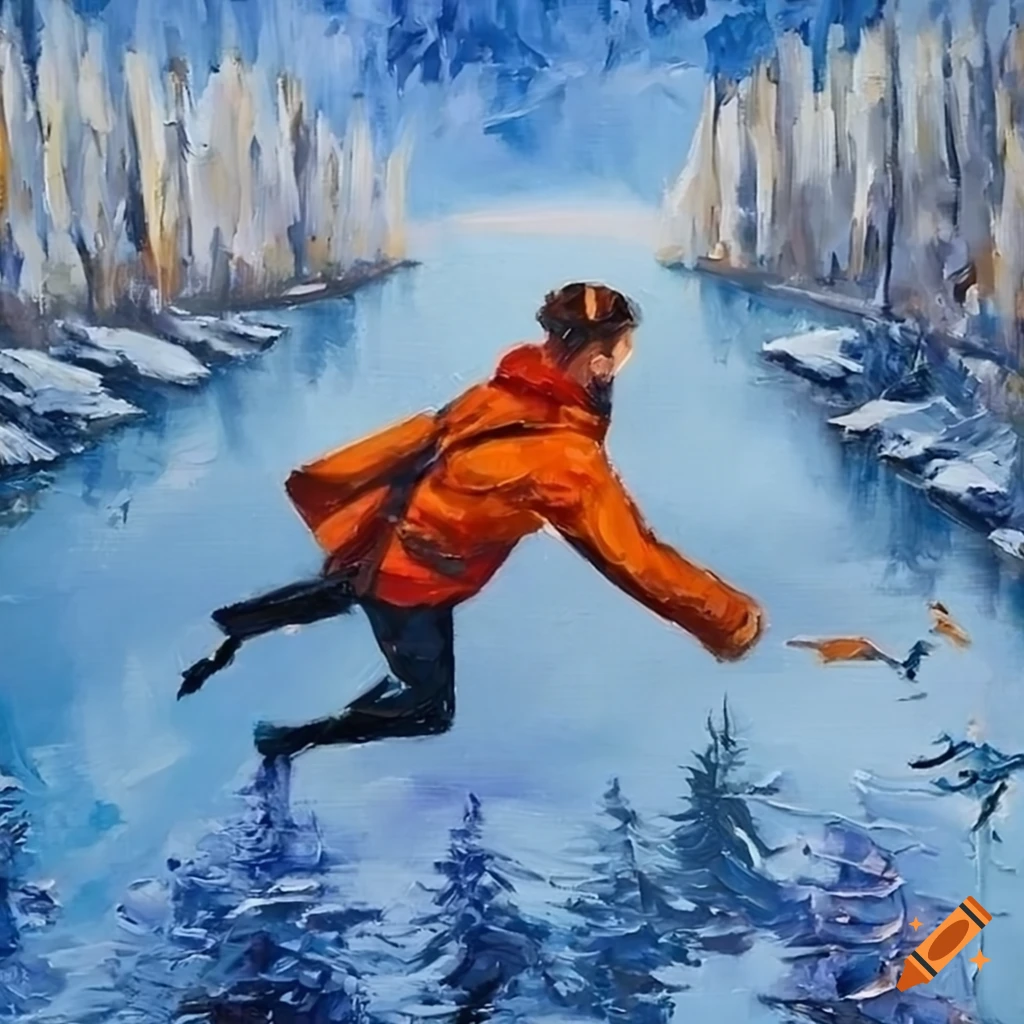 Knife palette painting of a man falling in a snowy landscape on Craiyon