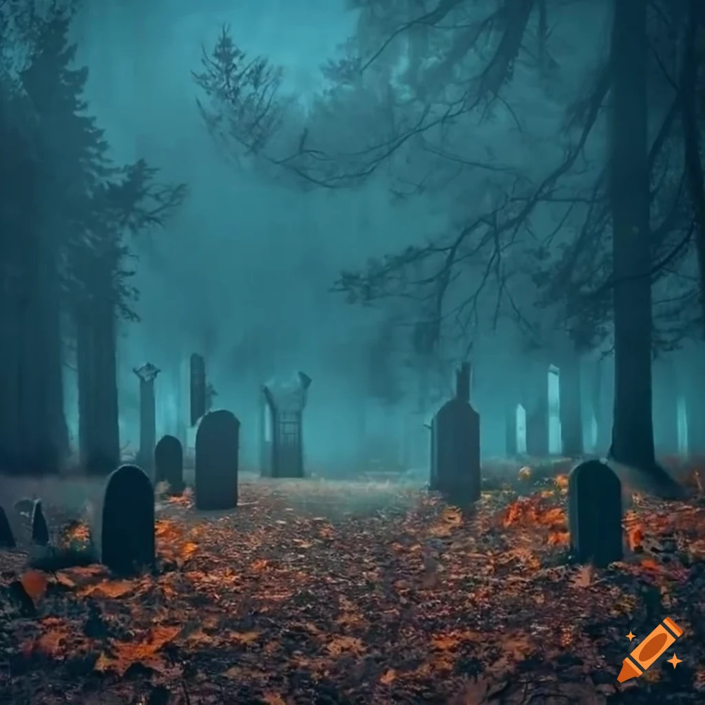 Autumn graveyard scene with fog and pumpkins on Craiyon