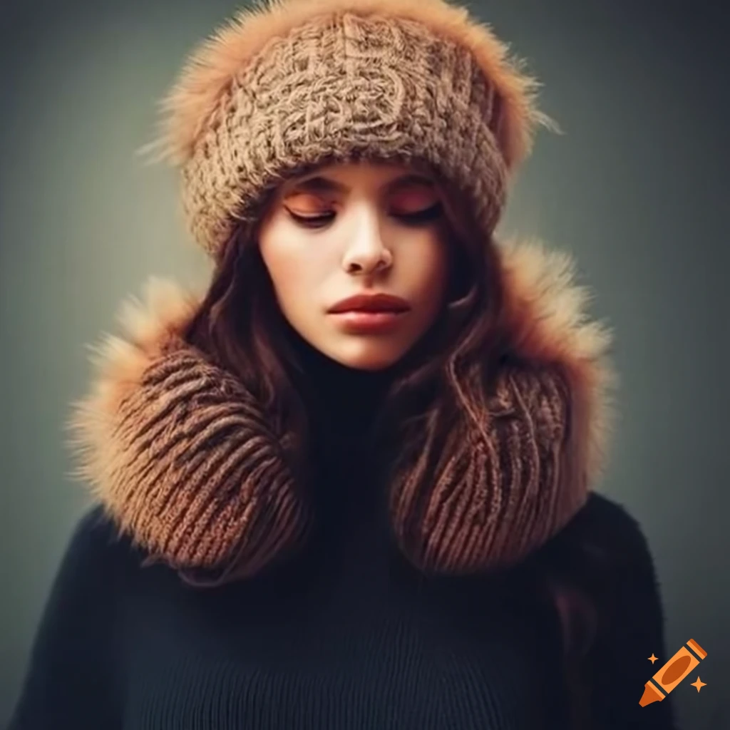 Woman wearing chunky knit turtleneck pullover and winter hat with fur ...