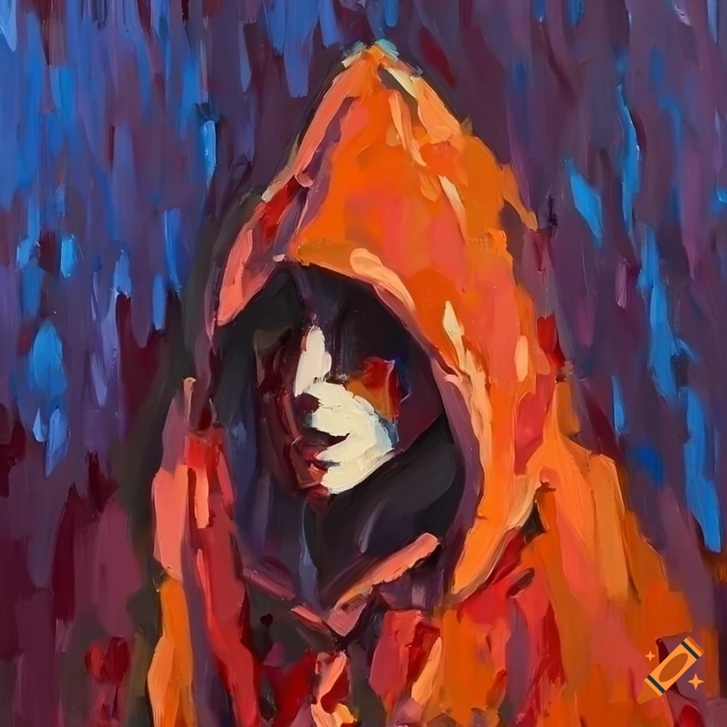 Palette knife painting of a figure in red robes in a castle courtyard ...