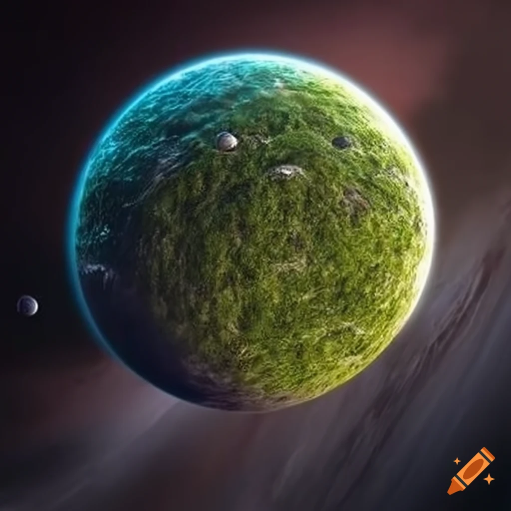 Sci-fi illustration of a moss-covered space station over an exoplanet ...