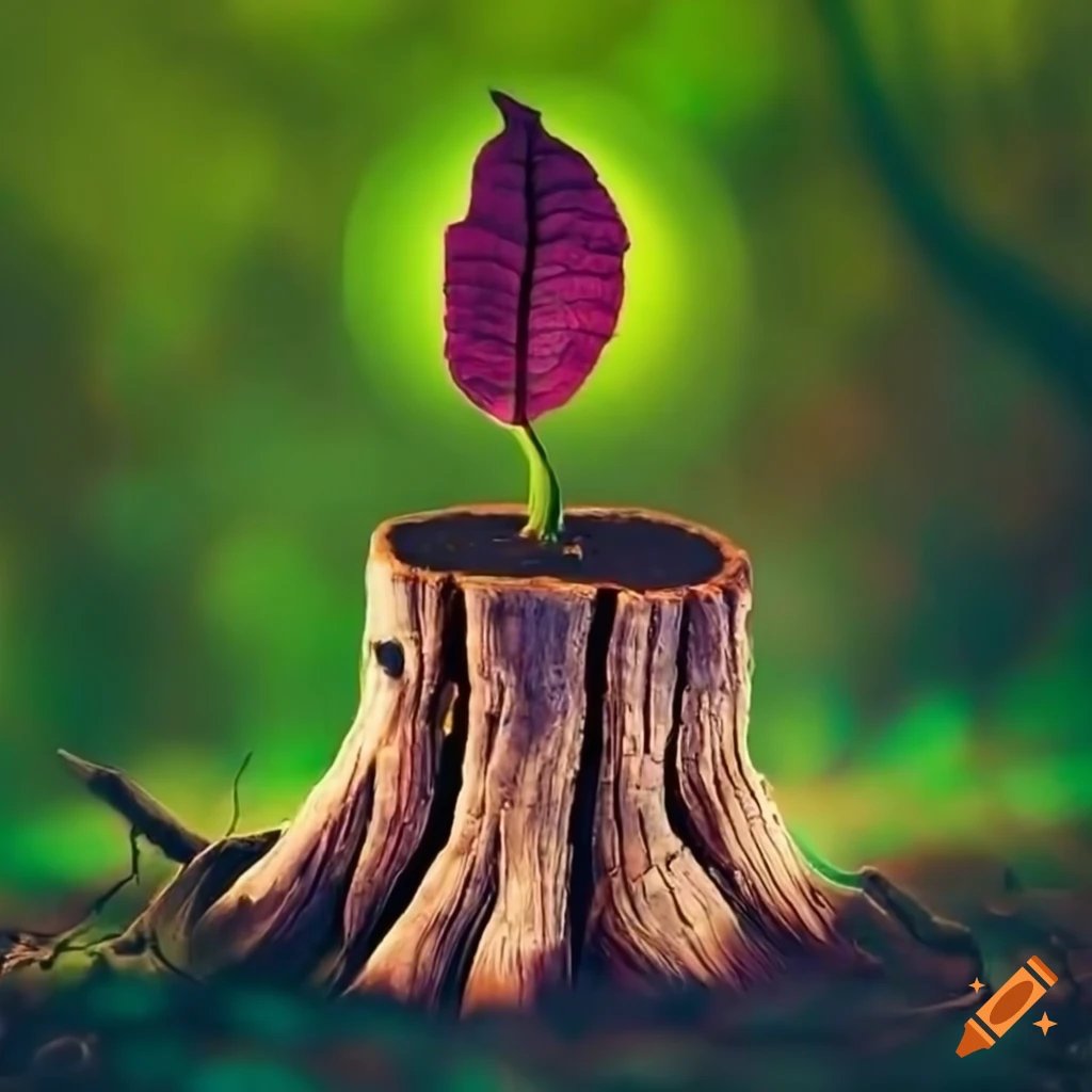 Vibrant artwork of a tree sprouting from a stump on Craiyon