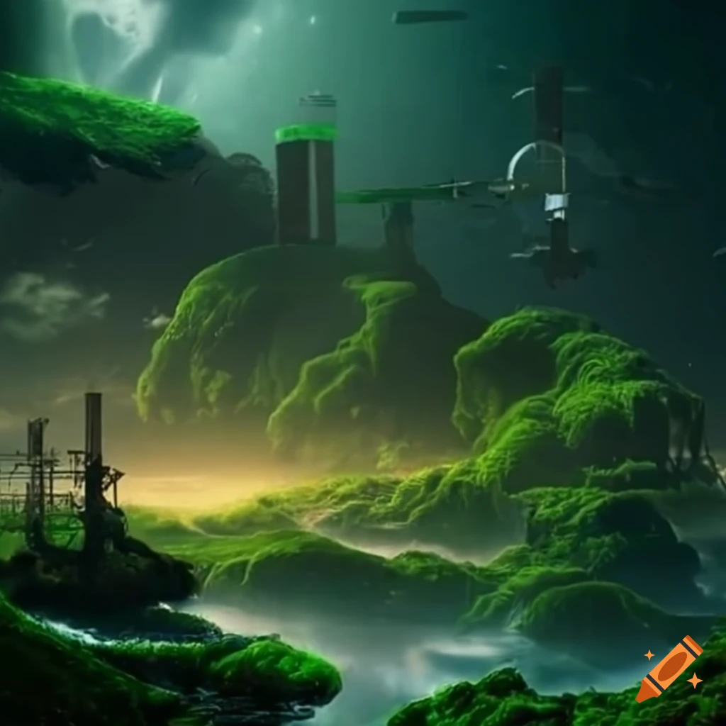 Concept art of a moss-covered space station on Craiyon