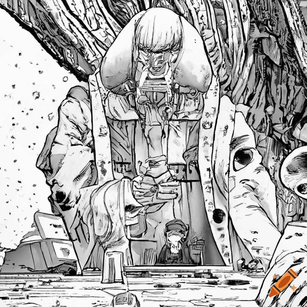 Black and white comic panel of a character holding a smartphone on Craiyon