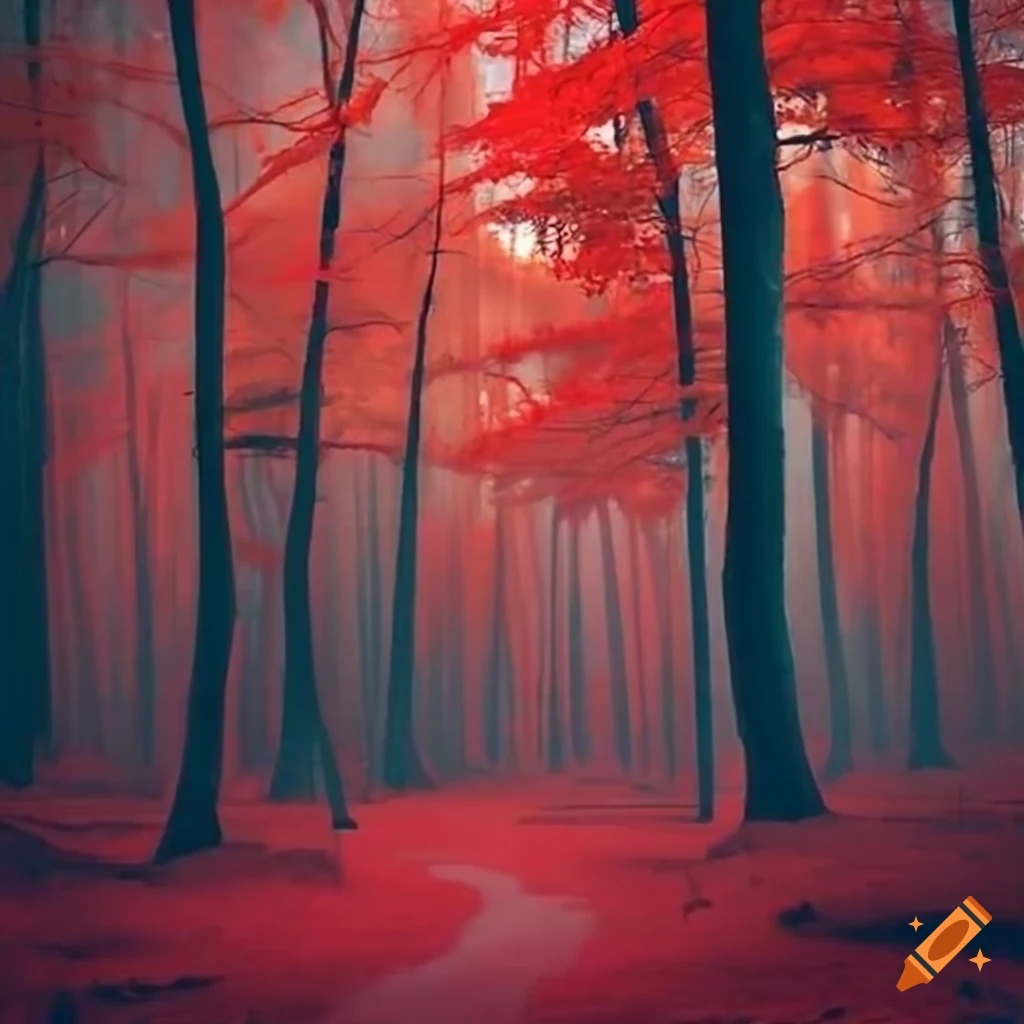 Aerial view of a unique white and red forest illuminated by sunlight on ...