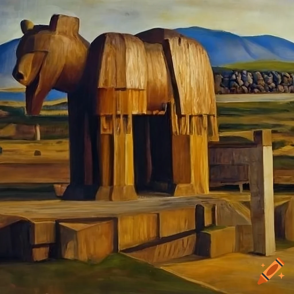 Painting of a giant wooden trojan bear at a native american settlement ...