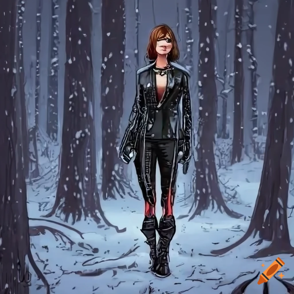 Comic book art of a muscular woman in a snowy forest on Craiyon