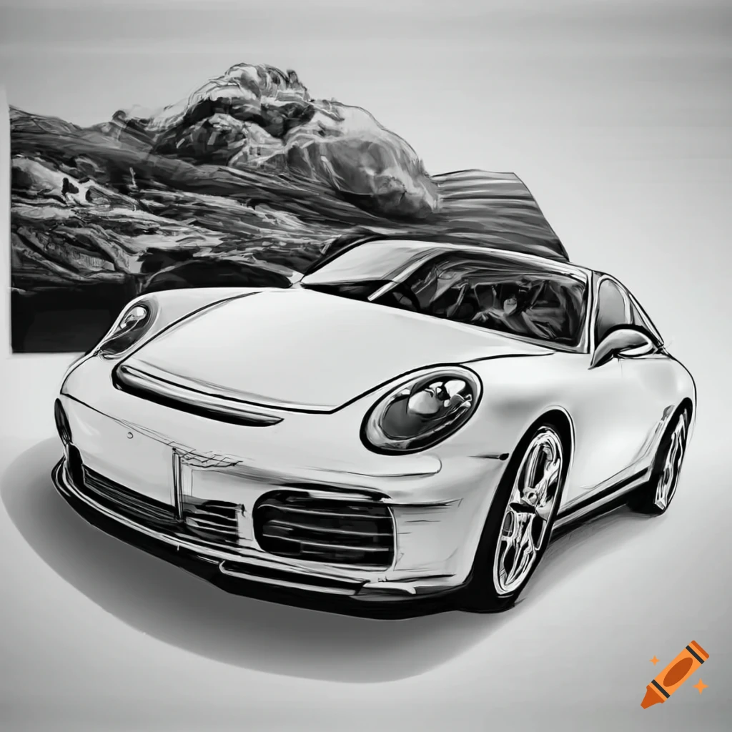 Detailed black and white technical drawing of a modern porsche 911 on ...