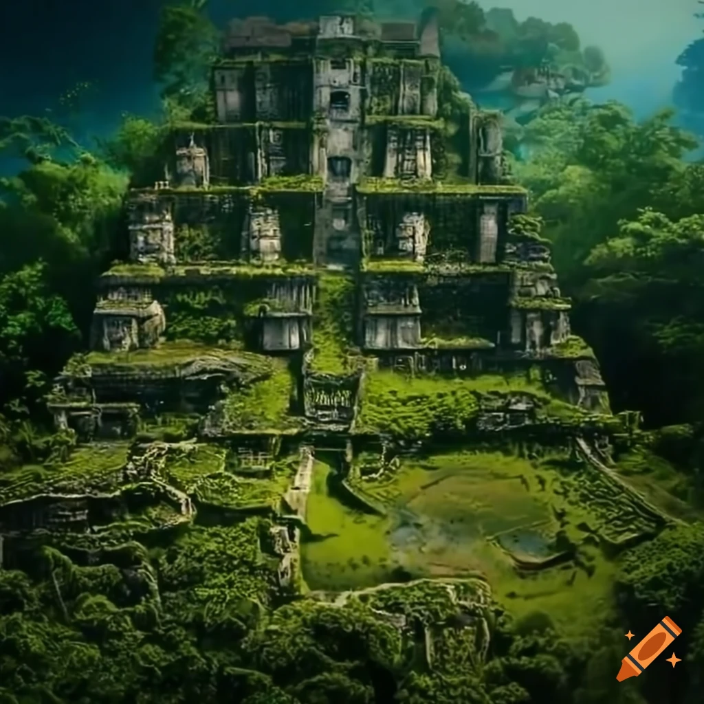 Aerial view of a steampunk Mayan city covered in vines on Craiyon