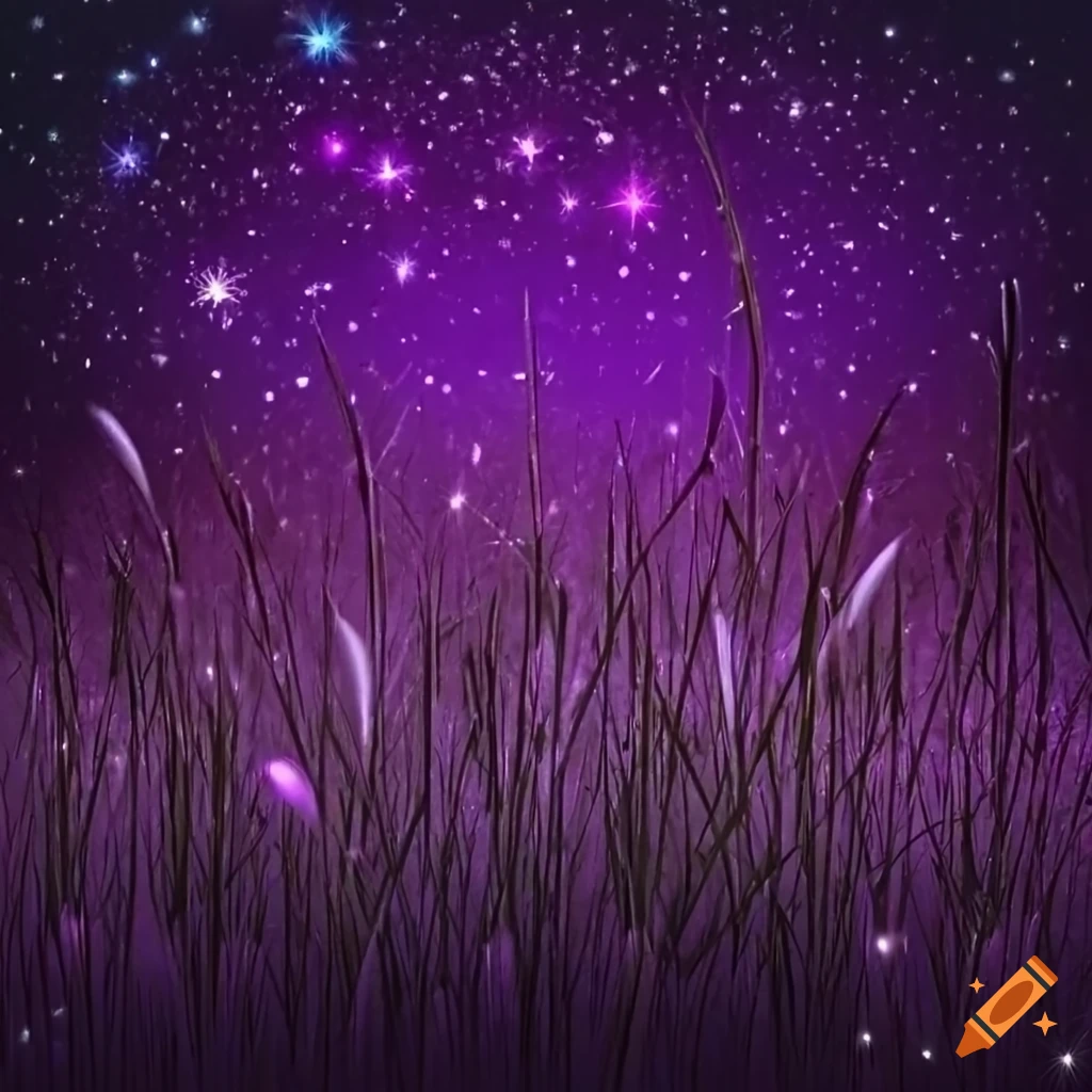 Field of shimmering purple grass under the starry night sky on Craiyon