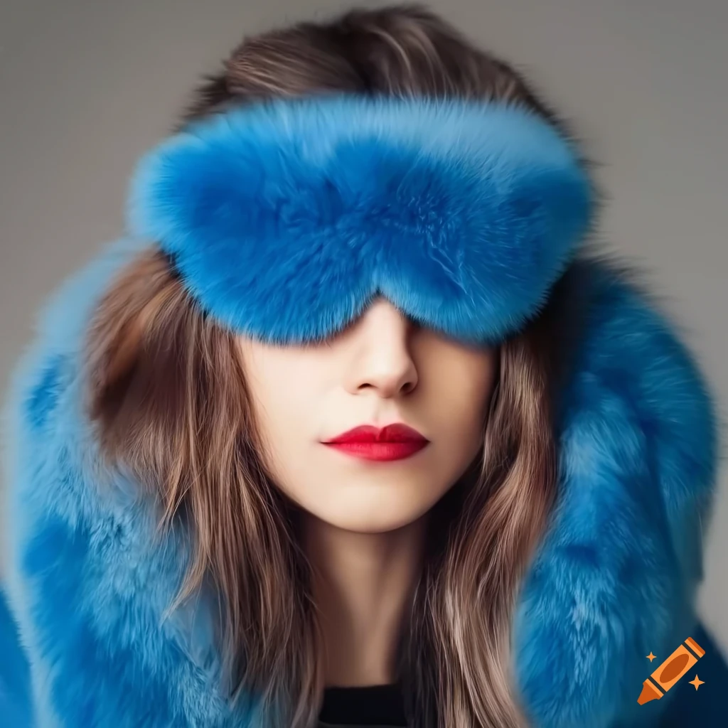 Woman in pink fur swimsuit with sleep mask and earmuffs on Craiyon