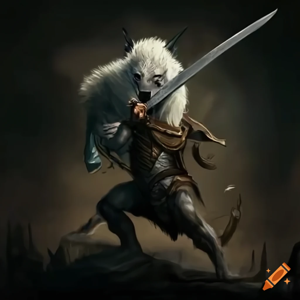 Illustration of an elf battling a white wolf in a fortress on Craiyon