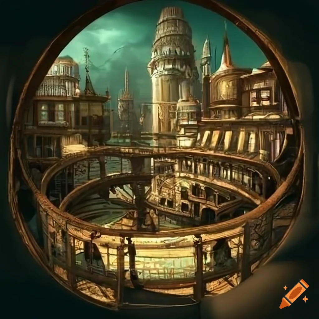 Mosaic-style colorful steampunk city on Craiyon