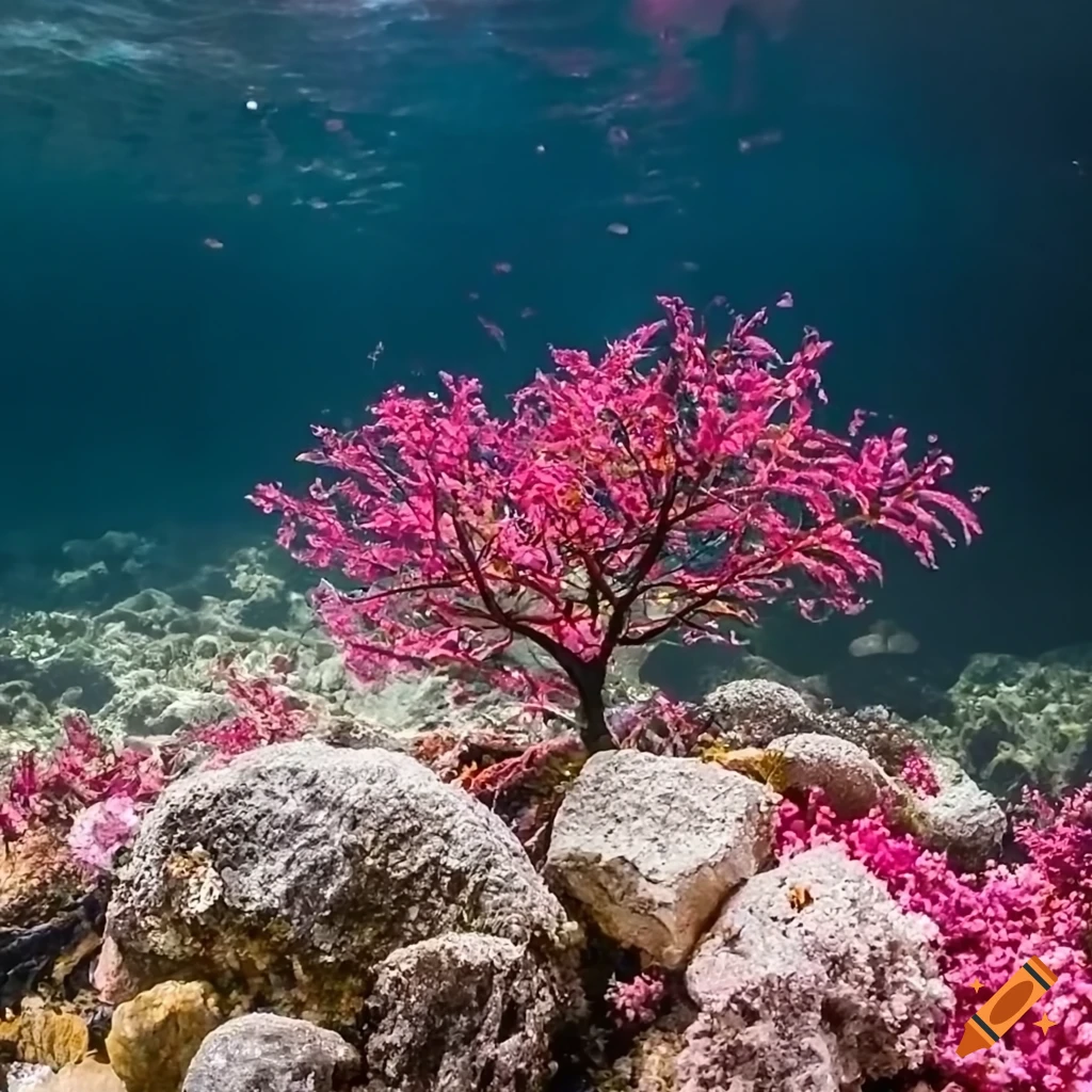 Underwater scene with a colorful tree and corals on Craiyon