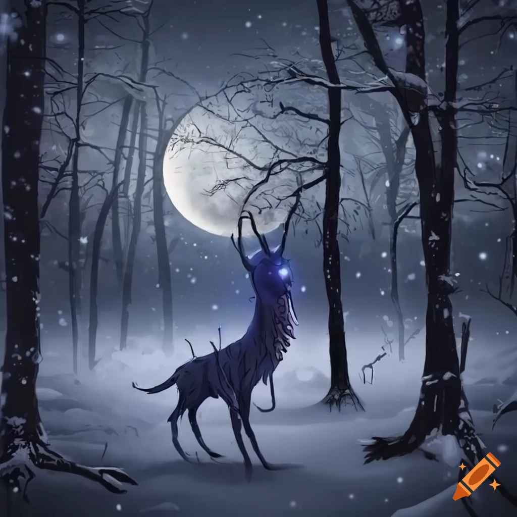 Unnerving creature in a snowy forest with highly detailed art on Craiyon