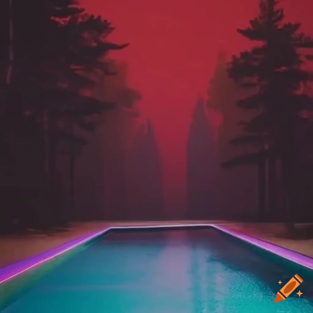 Pink walled room with light blue pool and dark figure floating in the ...