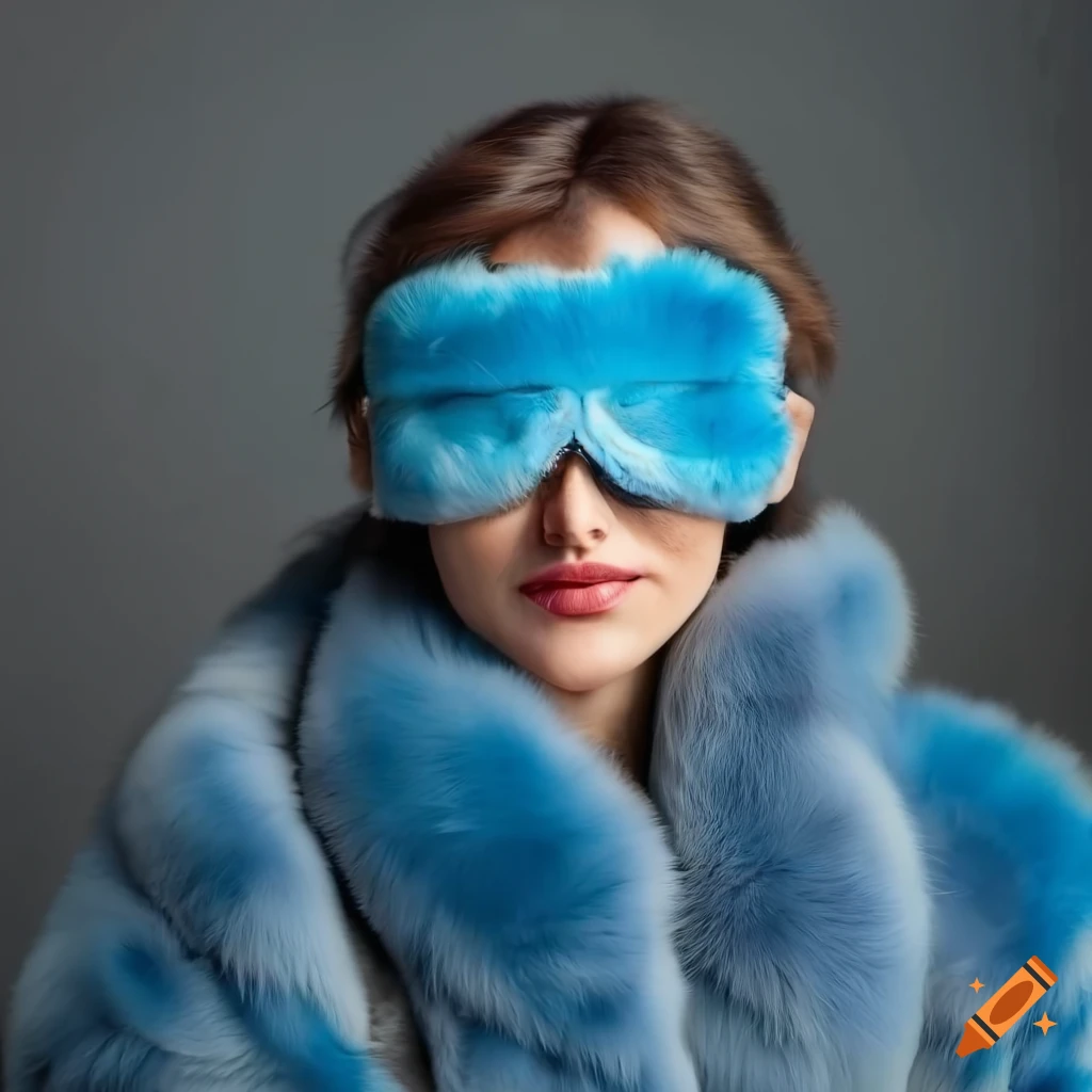 Woman wearing a blue fur sleep mask and fluffy coat on Craiyon