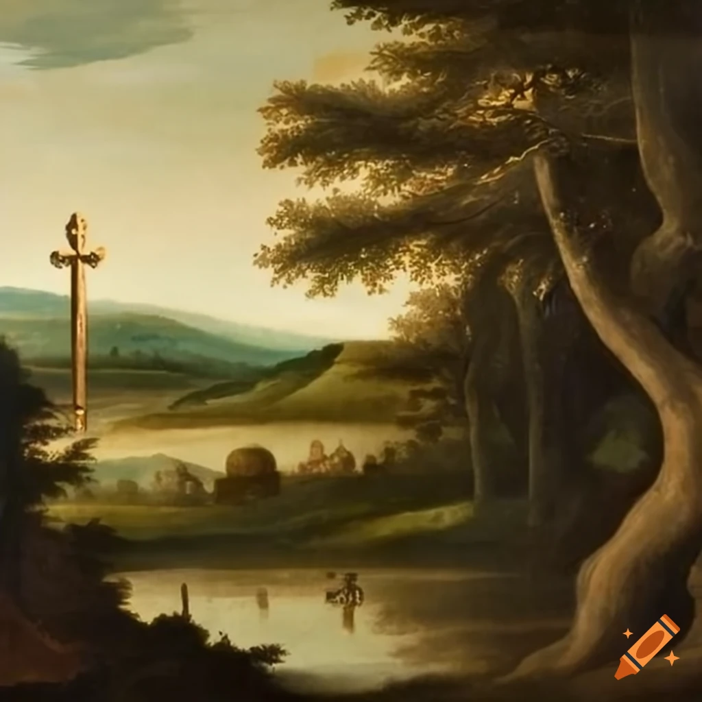 Landscape painting in early renaissance style with a figure in a kilt ...