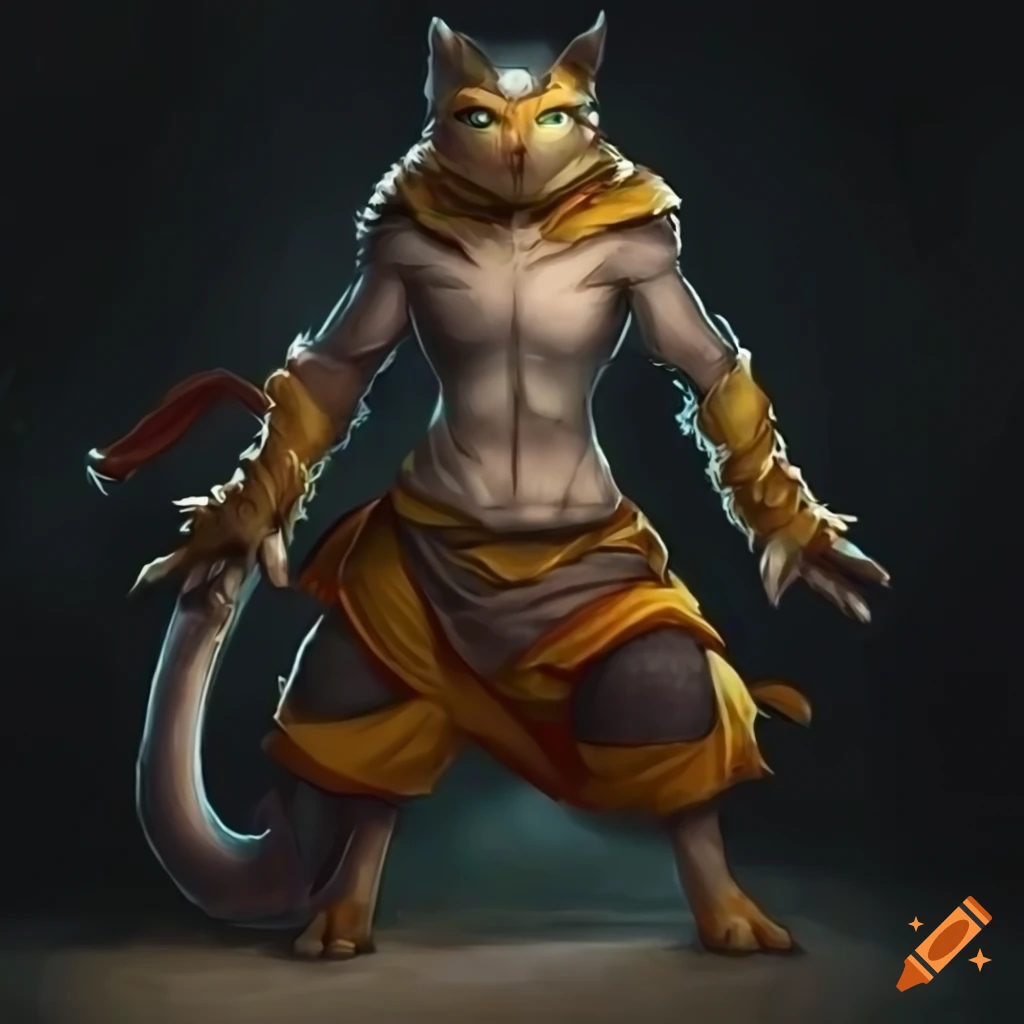 Colorful artwork of a tabaxi-tiefling warrior in combat pose on Craiyon