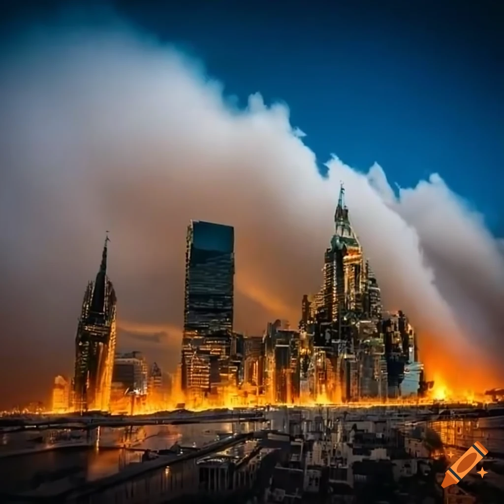 Image of a burning and collapsing futuristic city