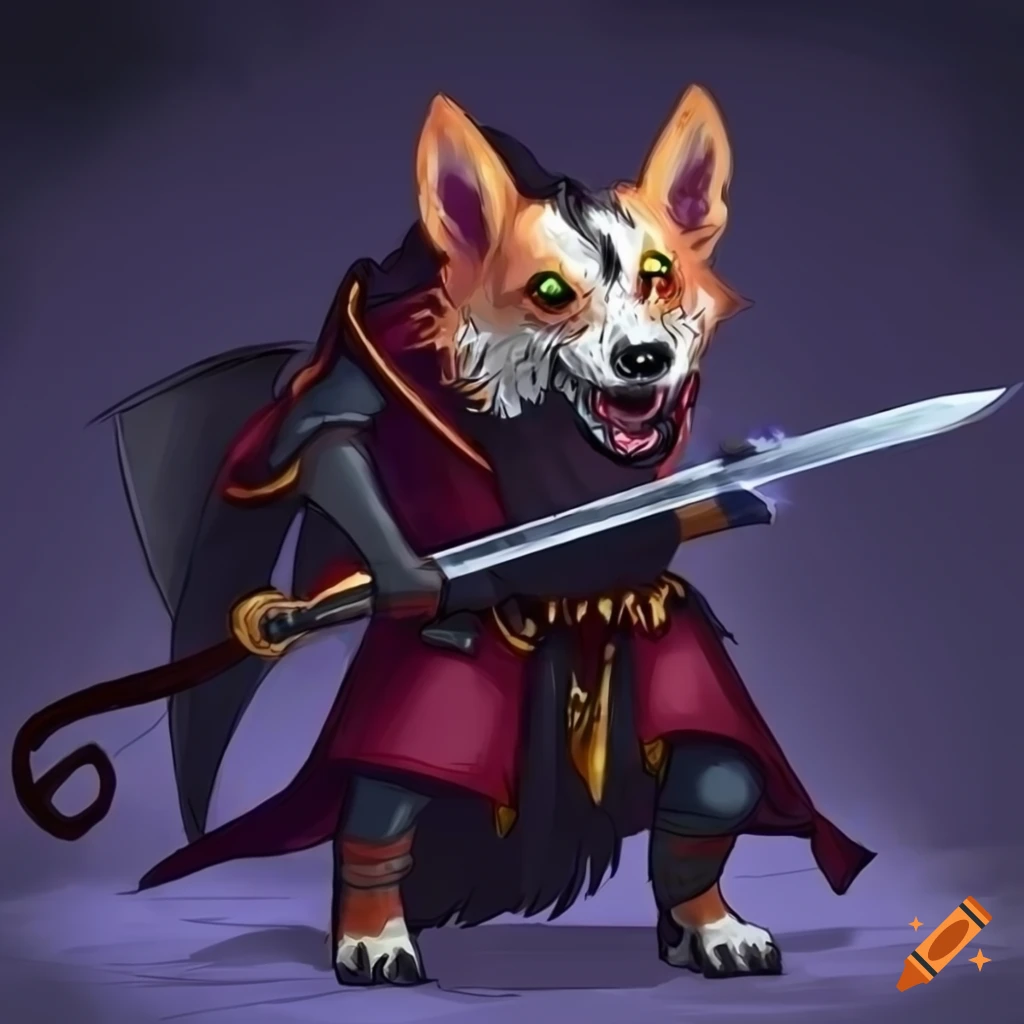 Illustration of a corgi-hellhound hybrid with a magical sword on Craiyon