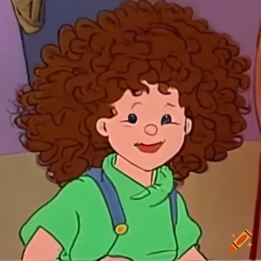 2D animated character with brown curly hair and green clothes on Craiyon