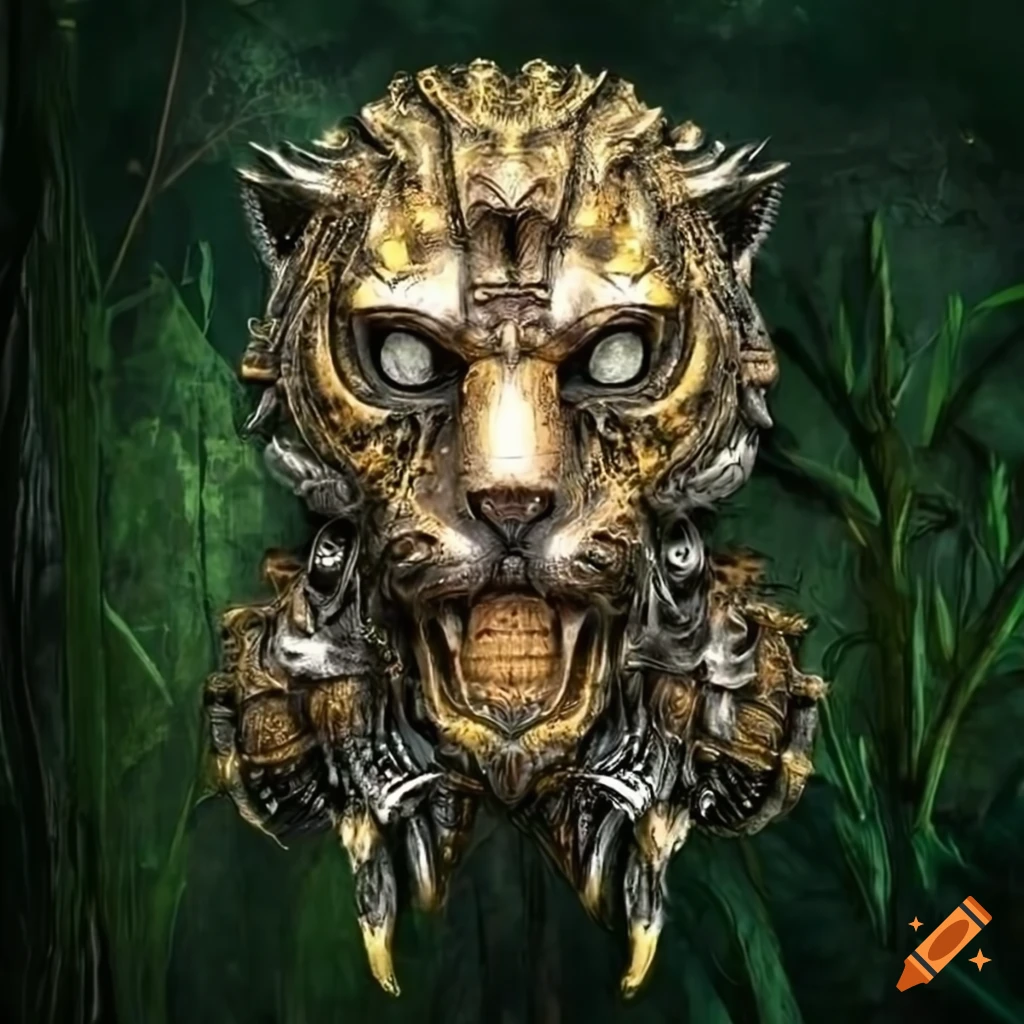 Chrome biomechanical tiger with golden canines on textured jungle ...