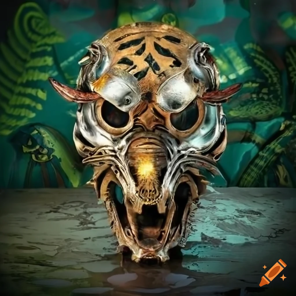 Chrome biomechanical tiger with golden canines on textured jungle ...